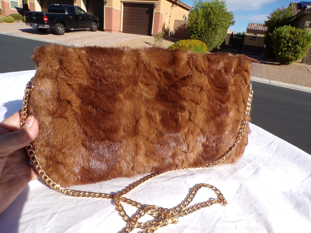 Real Brown MINK Paw FUR Cross Body Convertible Clutch Purse (2 Handle ...