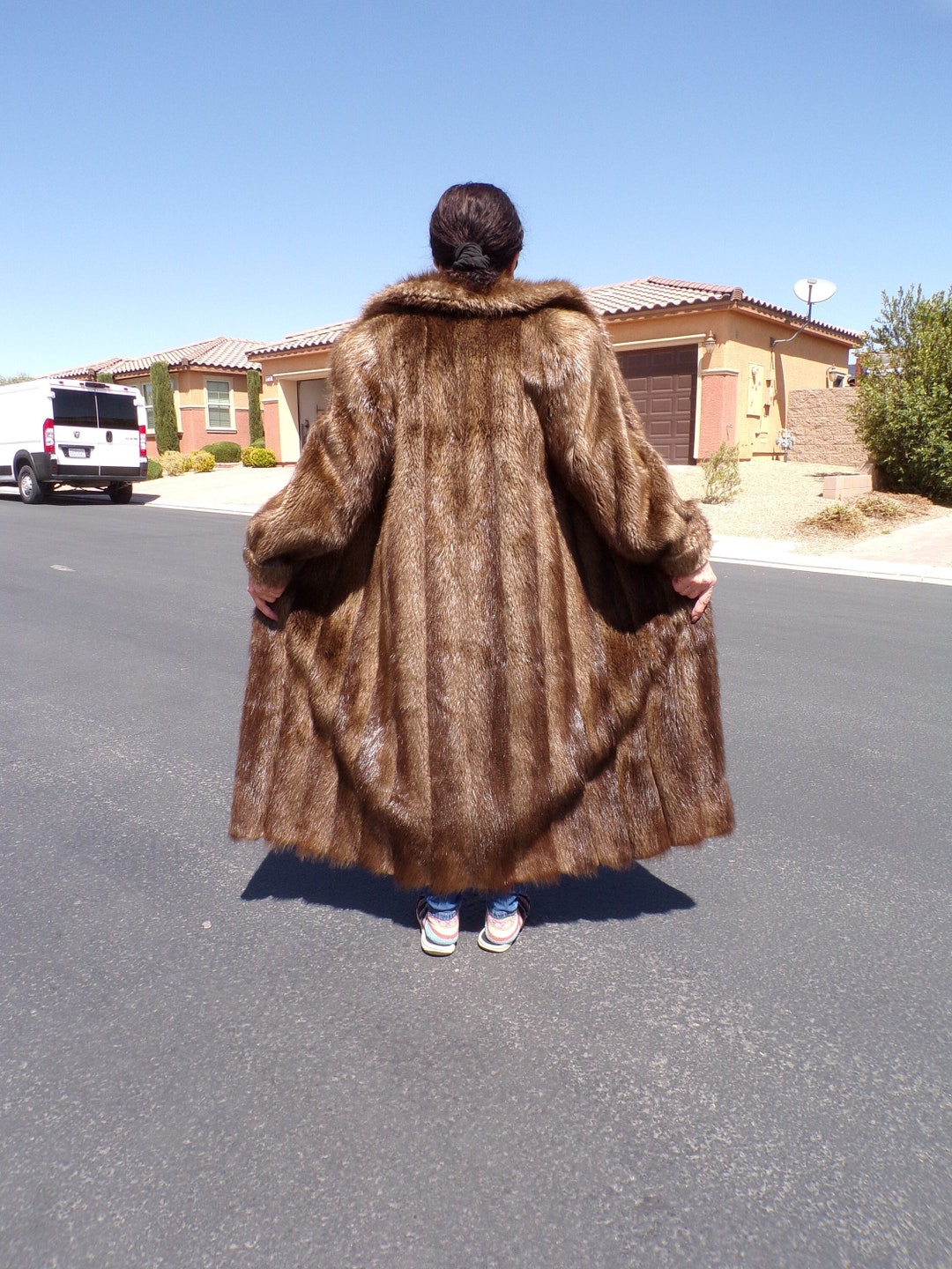 S (6 8) Real BEAVER FUR Coat, Full-length Long Hair Beaver, Brown ...