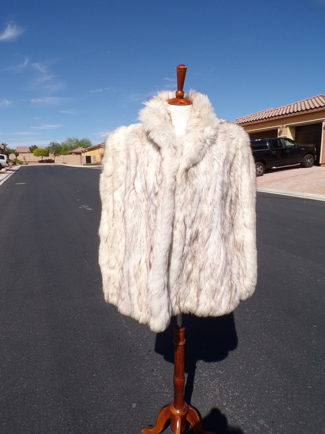 M-L (10-12) Real BLUE FOX JACKET Coat, Hip-length Ivory W Gray Grey ...