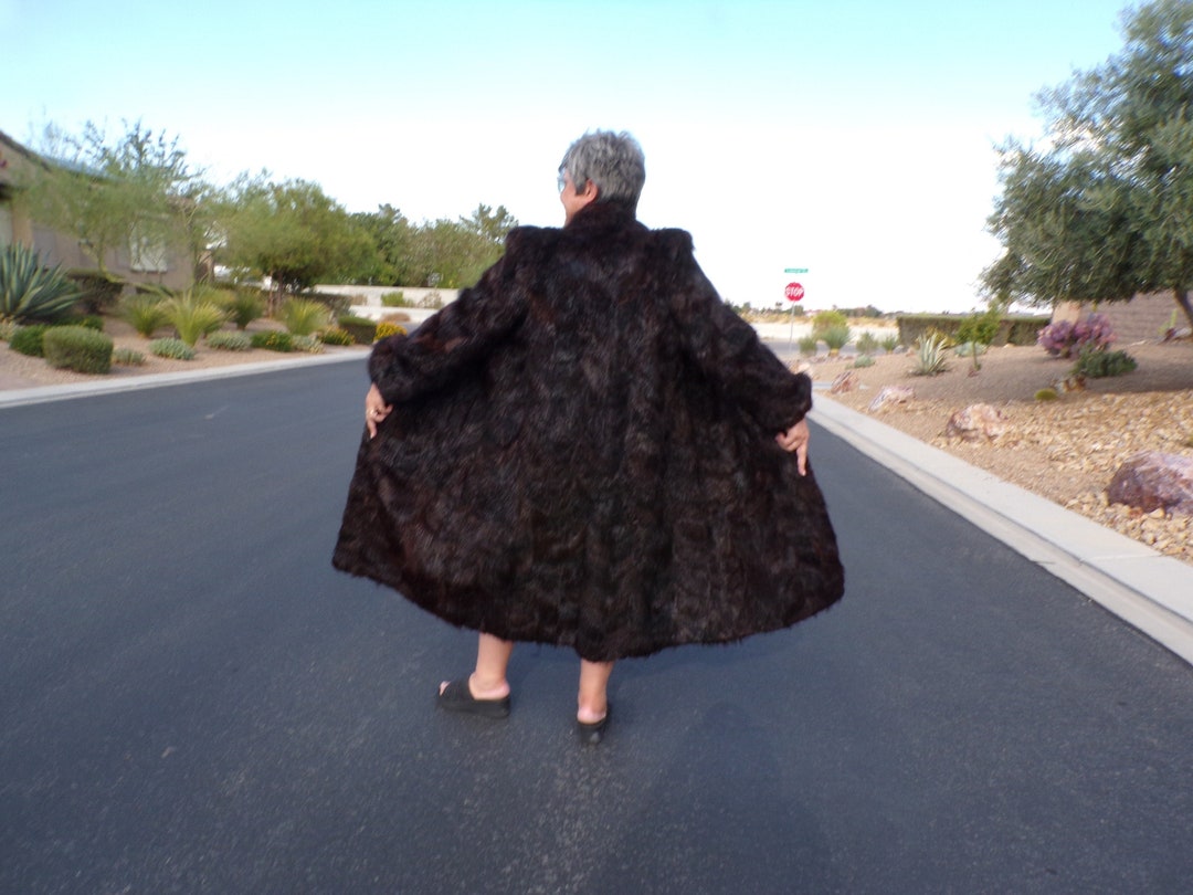 M (8-10) Real NUTRIA Fur Coat, Full-length Dark Brown Nutria, Patchwork ...