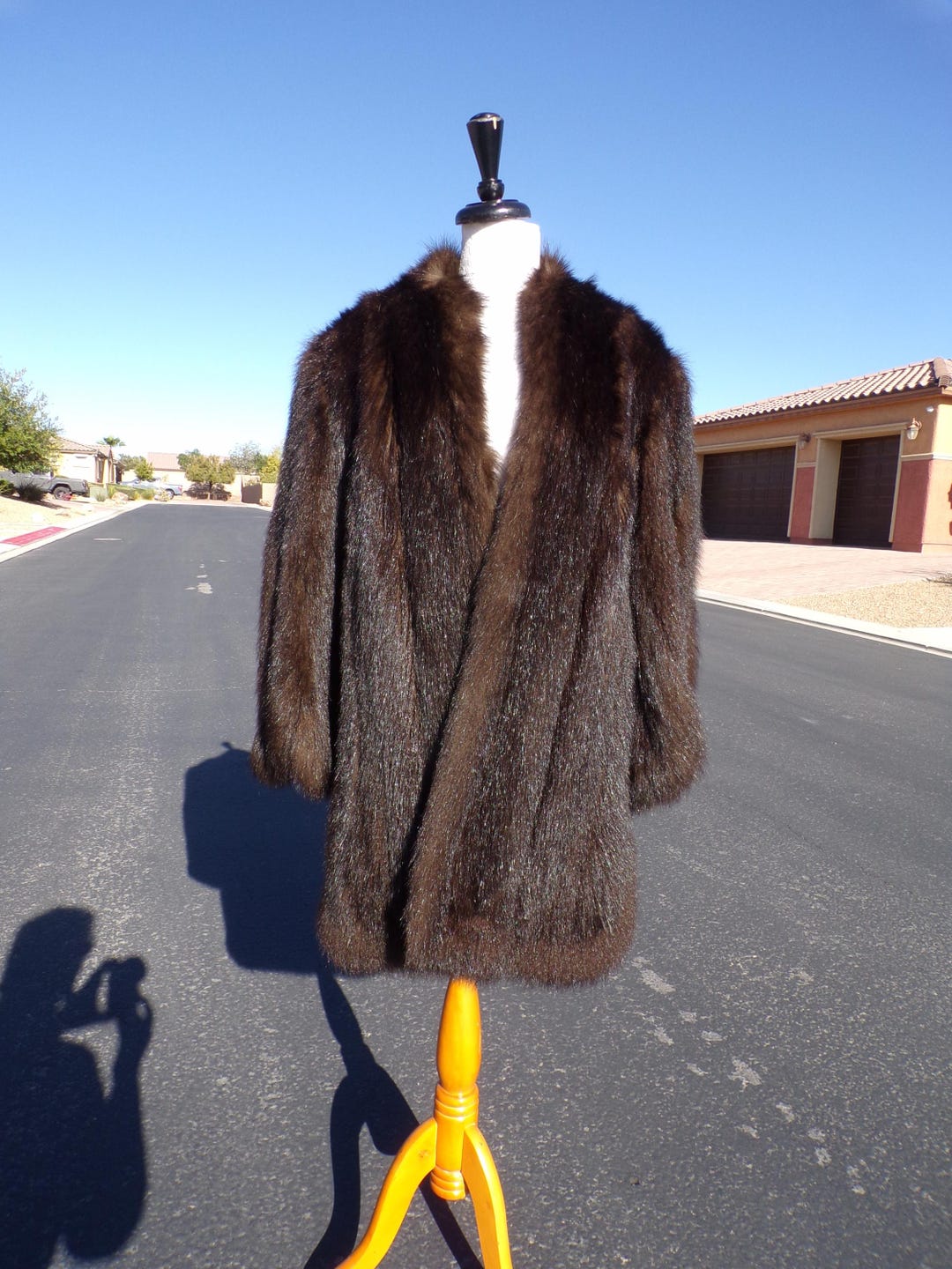 M (8-10) Real SKUNK FUR Stroller Coat Jacket Hip-length, Dark Brown ...