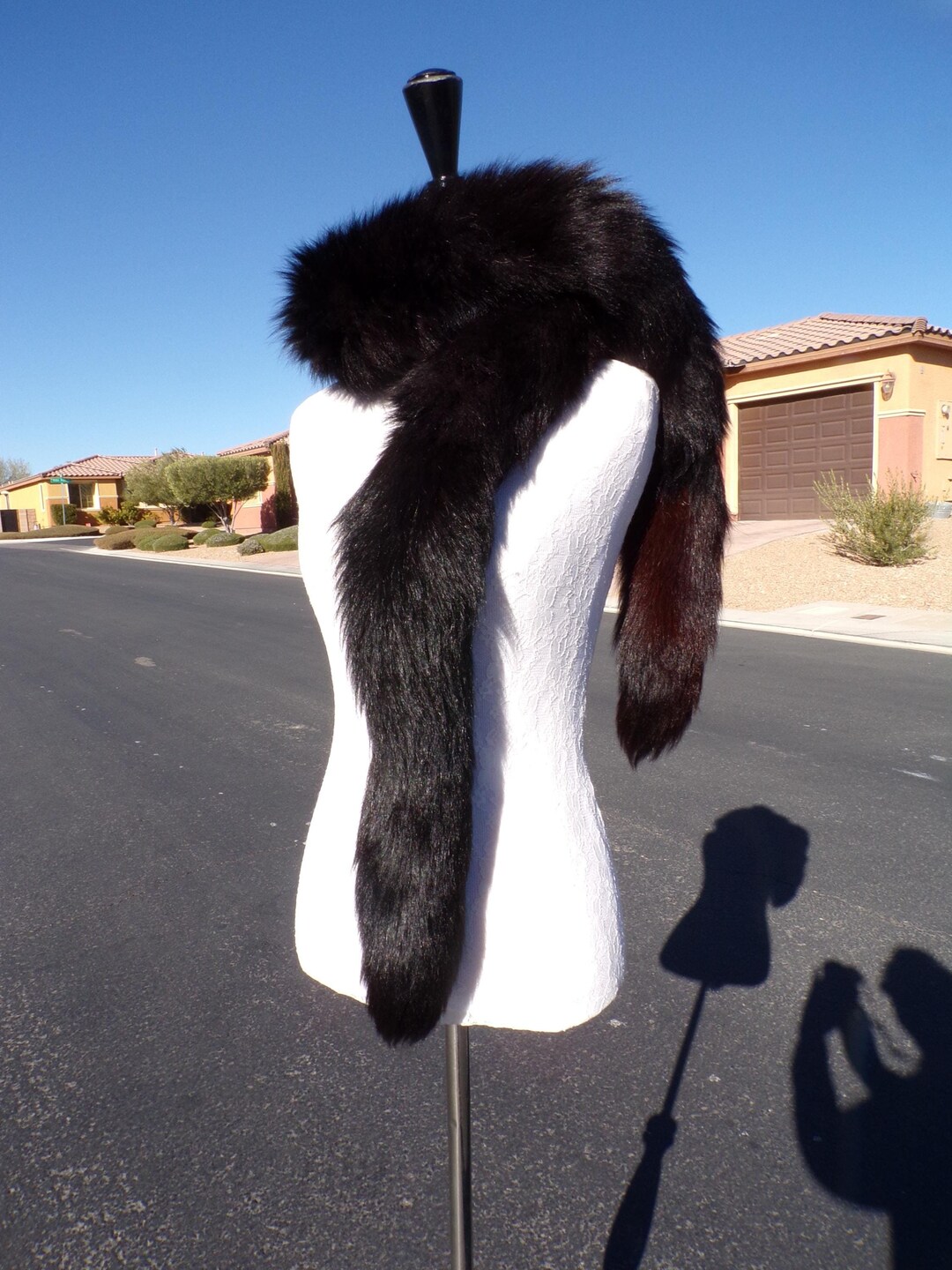 70" Real FOX FUR Boa With 2 Fox Tails, Scarf Collar Stole, Dyed Black ...