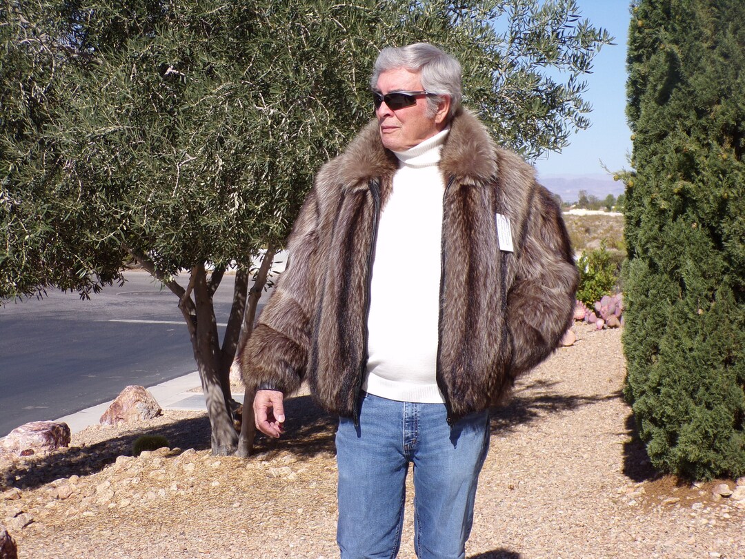 Mens (L) Real RACCOON Fur Bomber Jacket, Silver Tip Raccoon Stadium ...