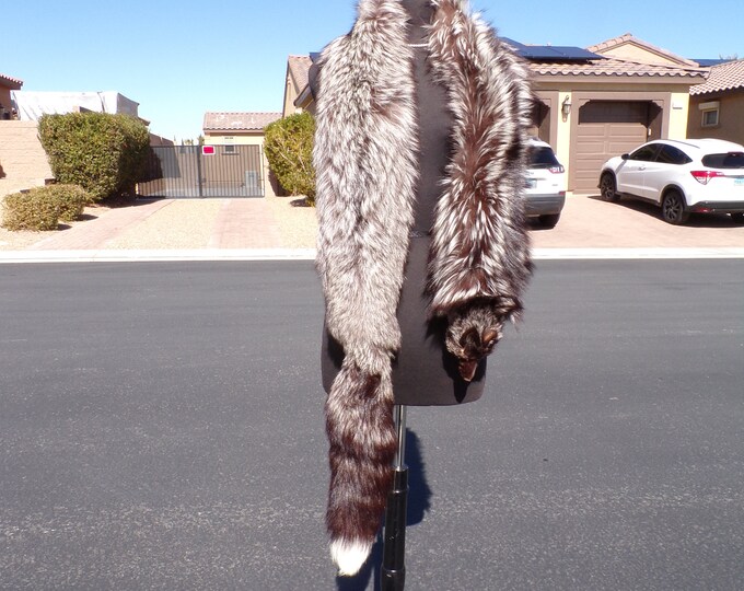 77" Real SILVER FOX Fur Boa W Tails, Scarf Collar Stole Stoll, Black ...