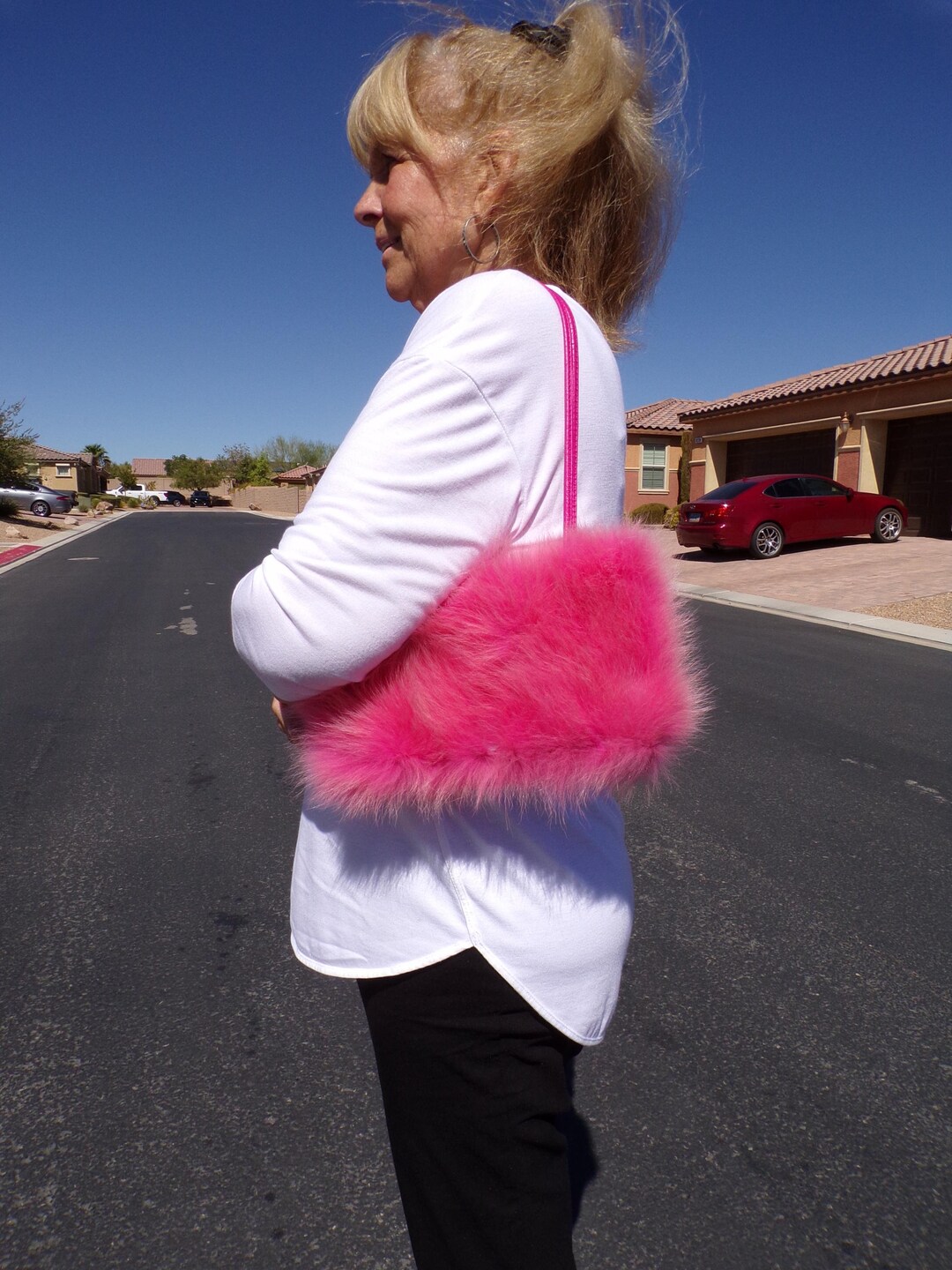 Real FOX FUR Shoulder Bag Purse, Fox Fur Dyed Pink W Pink Leather ...