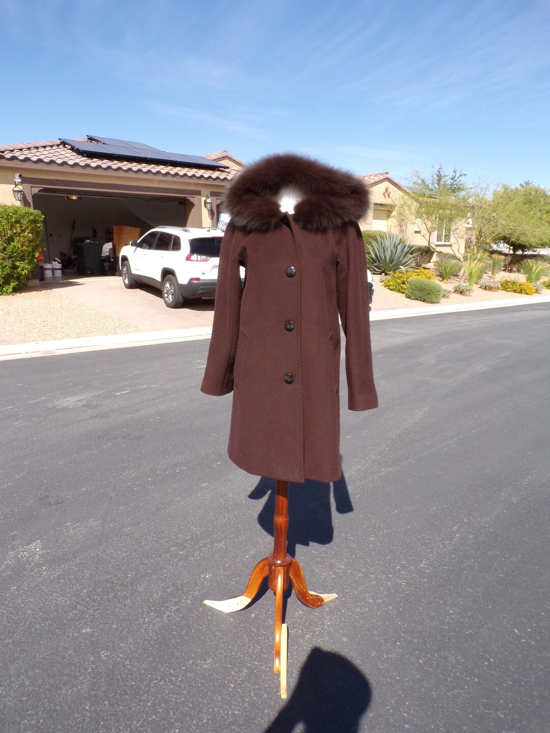 XS (2) REAL FOX Fur Ruff on Dark Brown Wool Hooded Insulated Pea Coat ...