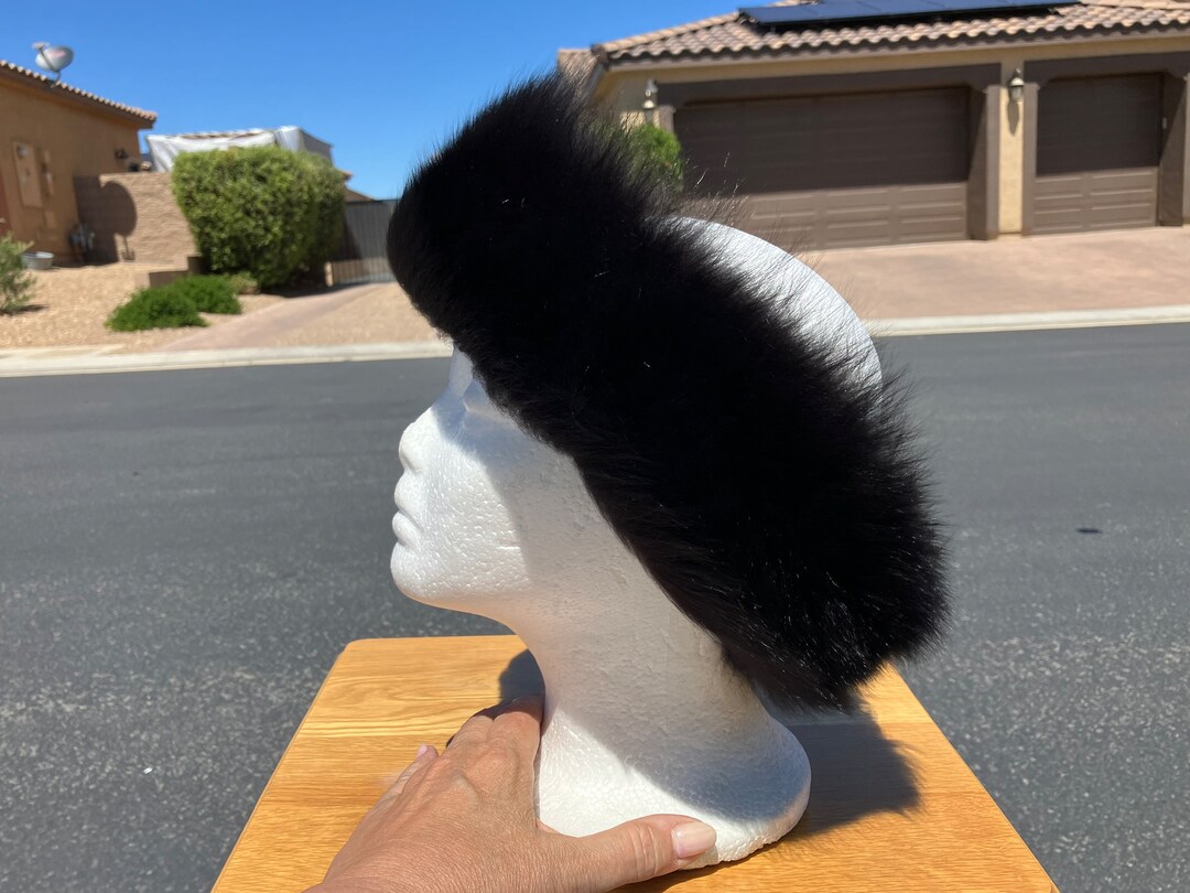 NWT 23 Real BLACK FOX Fur Headband, Solid Black, Dyed Arctic Fox Fur ...