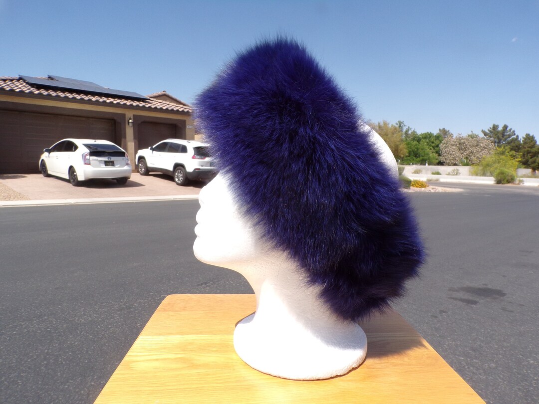 X-L 24" Real NAVY FOX Fur Headband, Navy Blue Long Hair Fox Fur ...