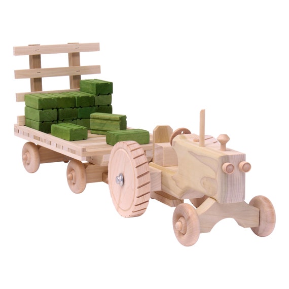 Amish-made Wooden Toy Tractor & Hay Wagon Set With Hay Bales - Etsy