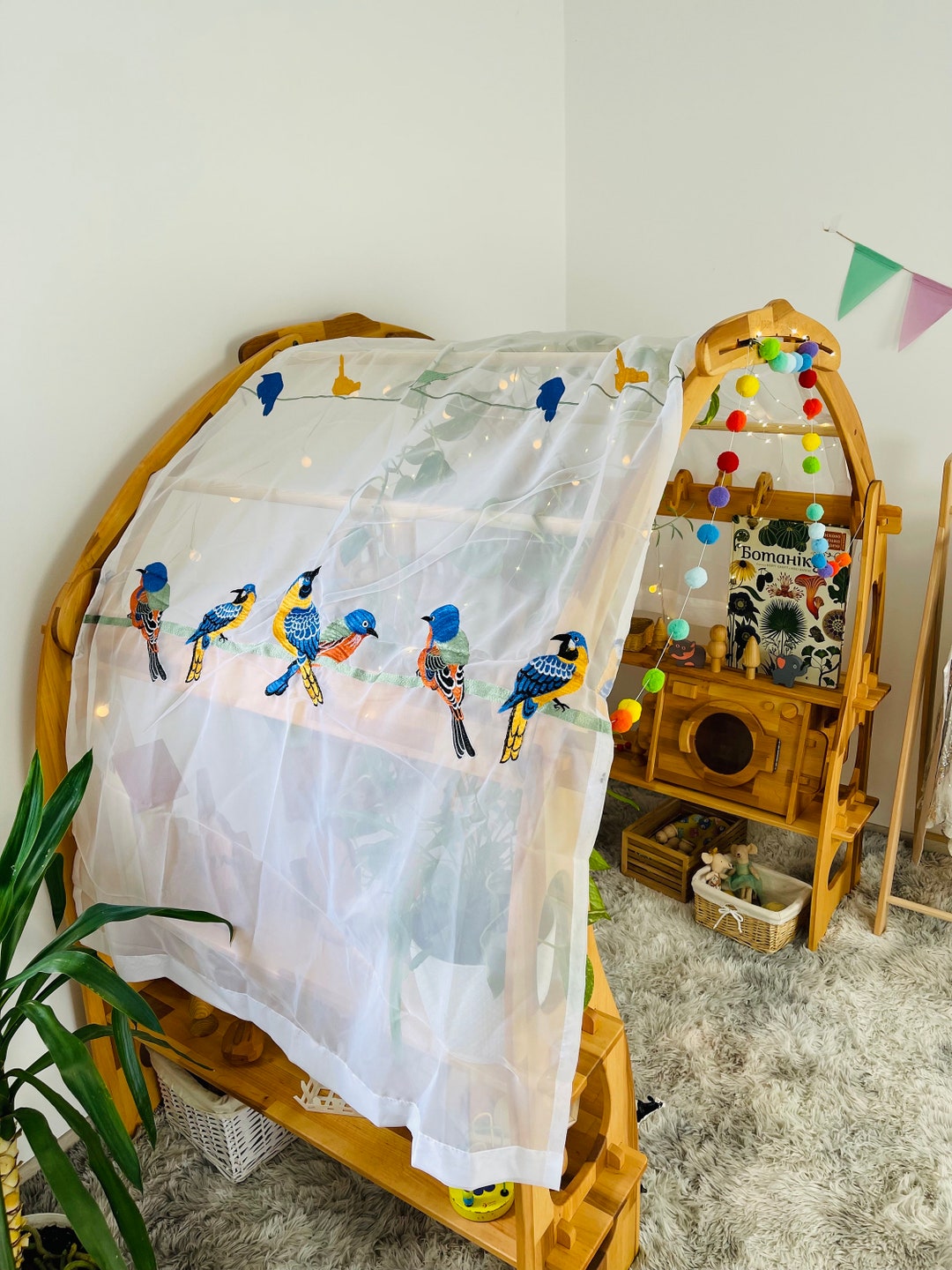 White Embroidered Birds Fabric Waldorf Leaves Canopy for Playstands ...