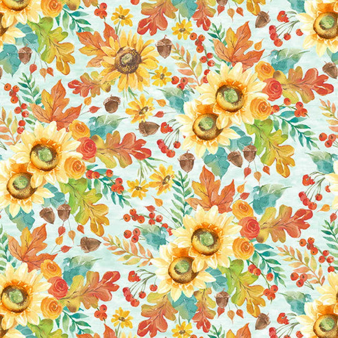 Autumn Blessings Lt. Blue Autumn Flowers Fabric Yardage, Silas M ...