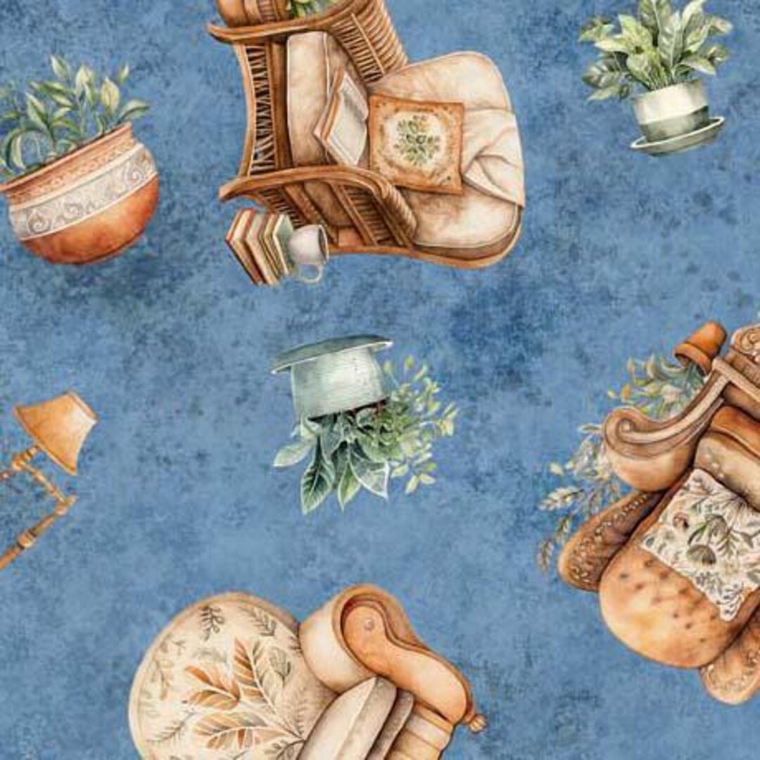 Home Sweet Home Comfy Chairs Blue Fabric Yardage, QT Fabrics, Cotton ...