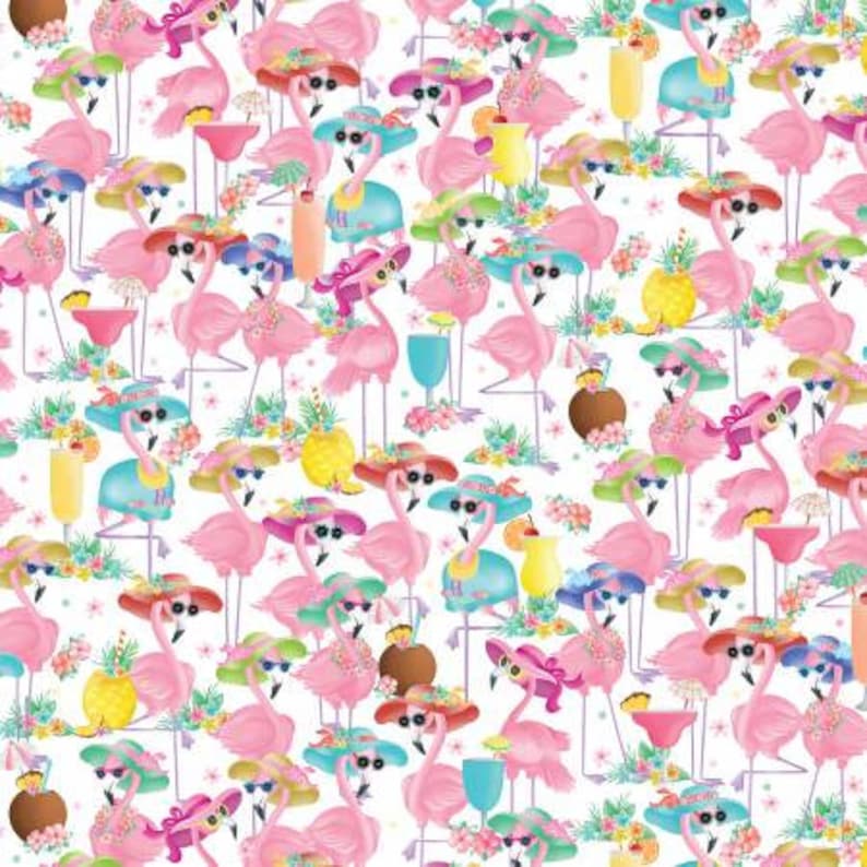 Flamingal Pals Fun White Fabric Yardage, Andi Metz, KANVAS by Benartex ...