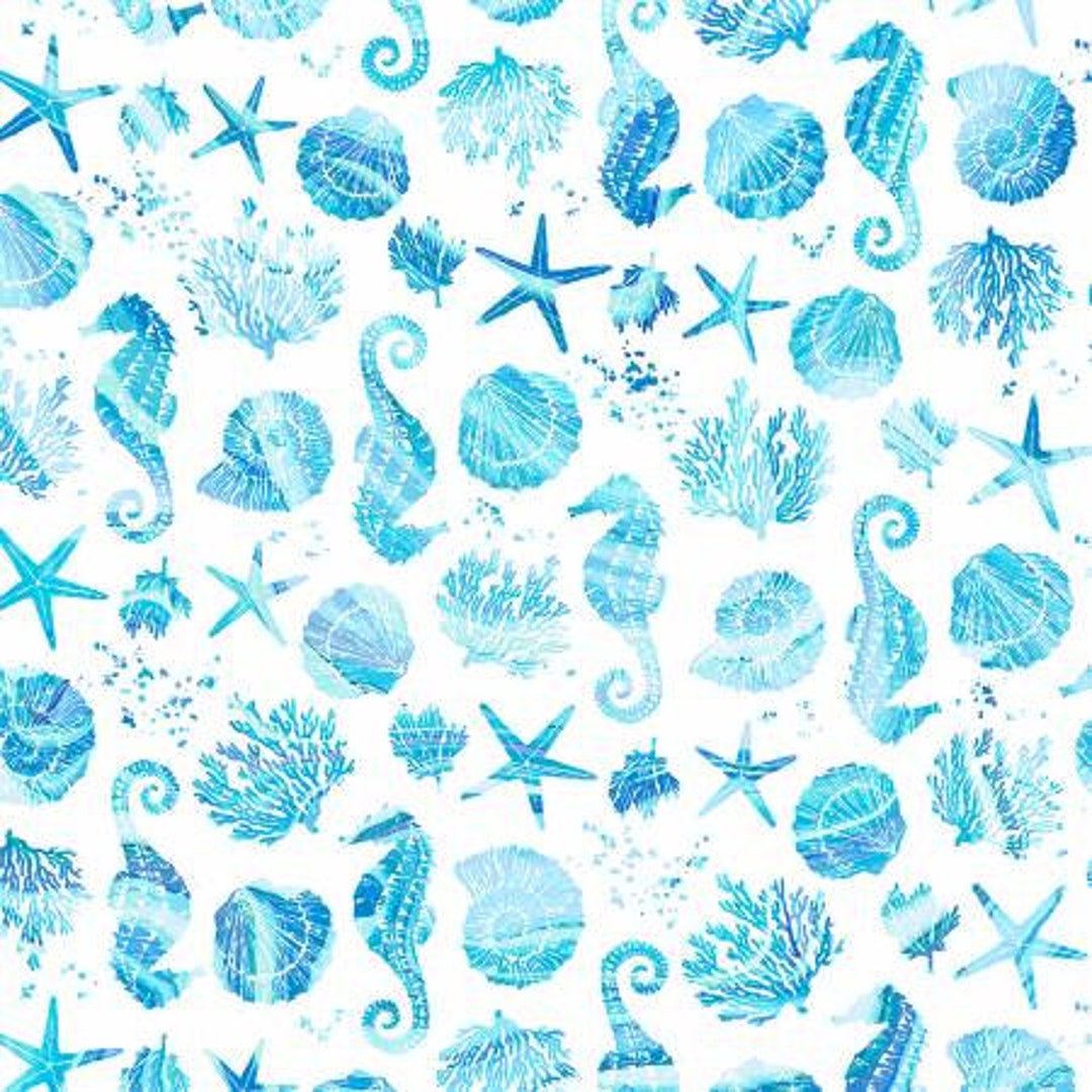 Coastal Living Light Blue Seahorses and Shells Fabric Yardage, PDR ...