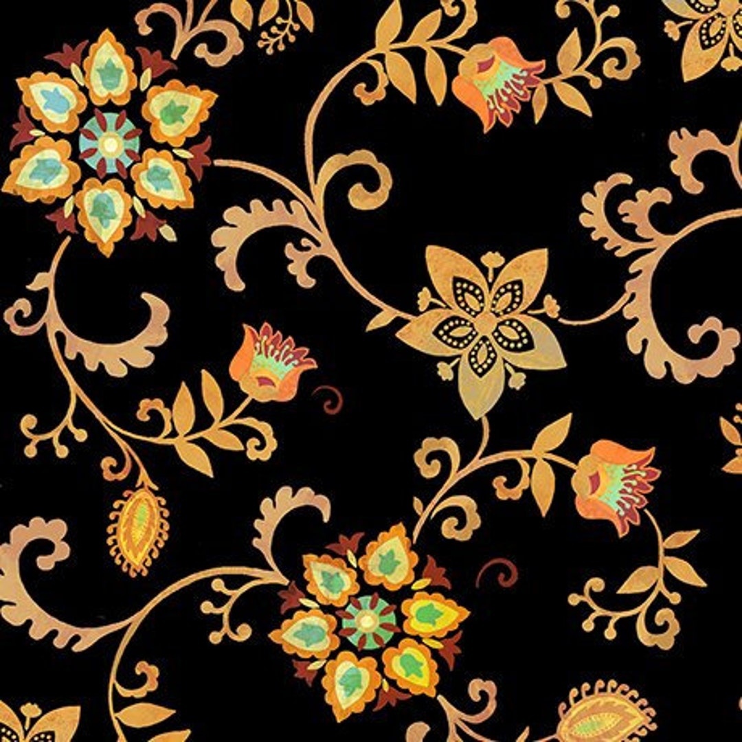 Mozambique Floral Jet Black Cotton Quilting Fabric, Floral Fabric ...