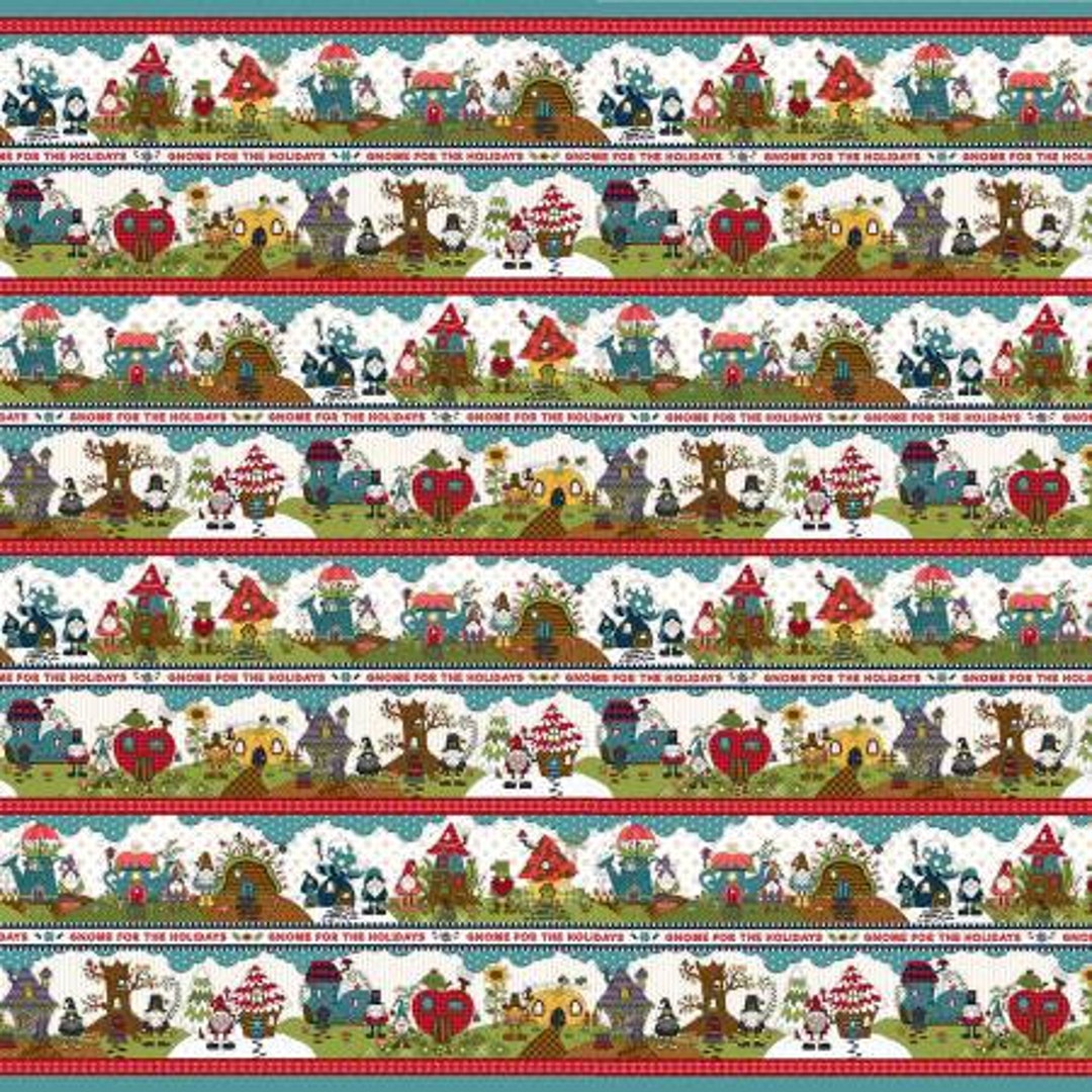 Gnome for the Holidays Teal Gnome Border Stripe Fabric Yardage, Leanne ...