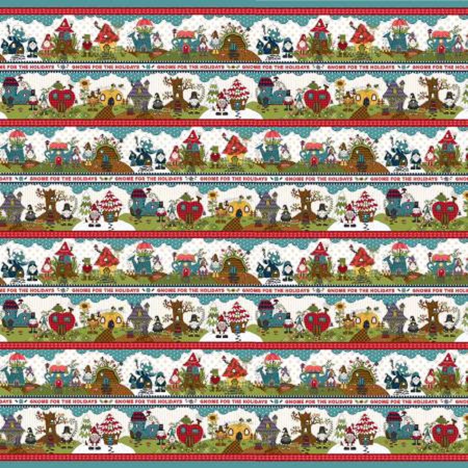 Gnome for the Holidays Teal Gnome Border Stripe Fabric - Etsy