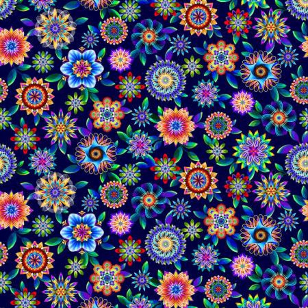 Fractal Flowers Indigo Flower Allover Fabric Yardage, Art Loft, Studio ...