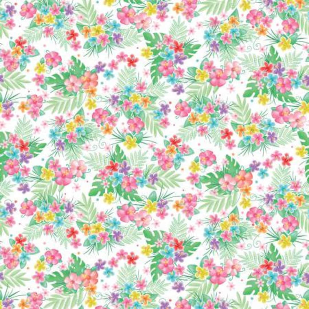 Flamingal Pals Scenic Tropical Flowers White Yardage, Andi Metz, KANVAS ...