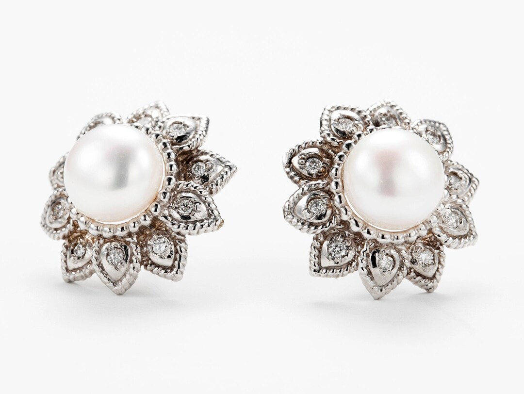 Pendientes de diamantes y perlas vintage 14k, pendientes de perlas de ...