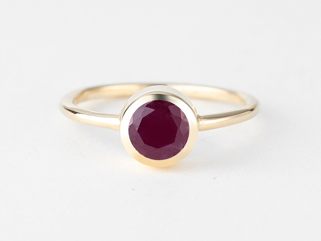 Bezel Ruby Ring Gold 10k, Round Red Ruby Solitaire, Ladies Ring - Etsy