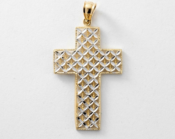 Big Two Tone Cross Pendant Yellow Gold 14k, Religious Charm Necklace - Etsy