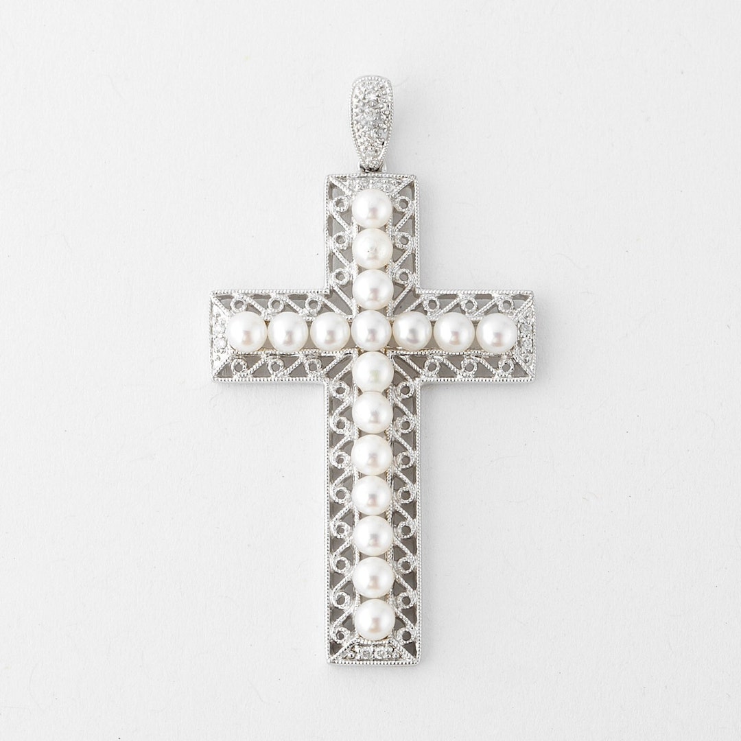 Big Diamond and Pearl Cross Pendant Gold 14k, White Gold Cross Necklace ...