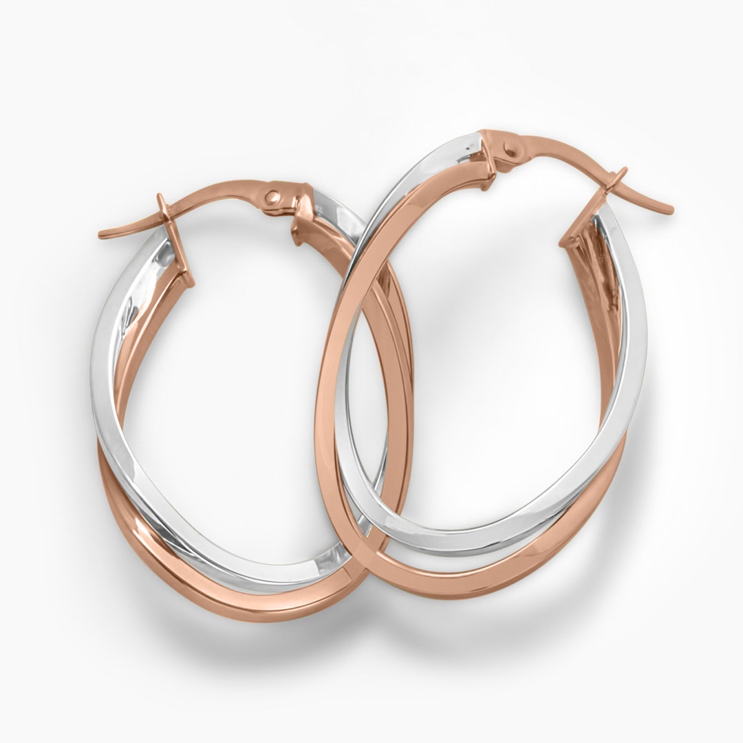 Relaxed Braid Hoop Earrings, 10k Solid Gold, 2 Tone Hoop Earrings, Oval ...