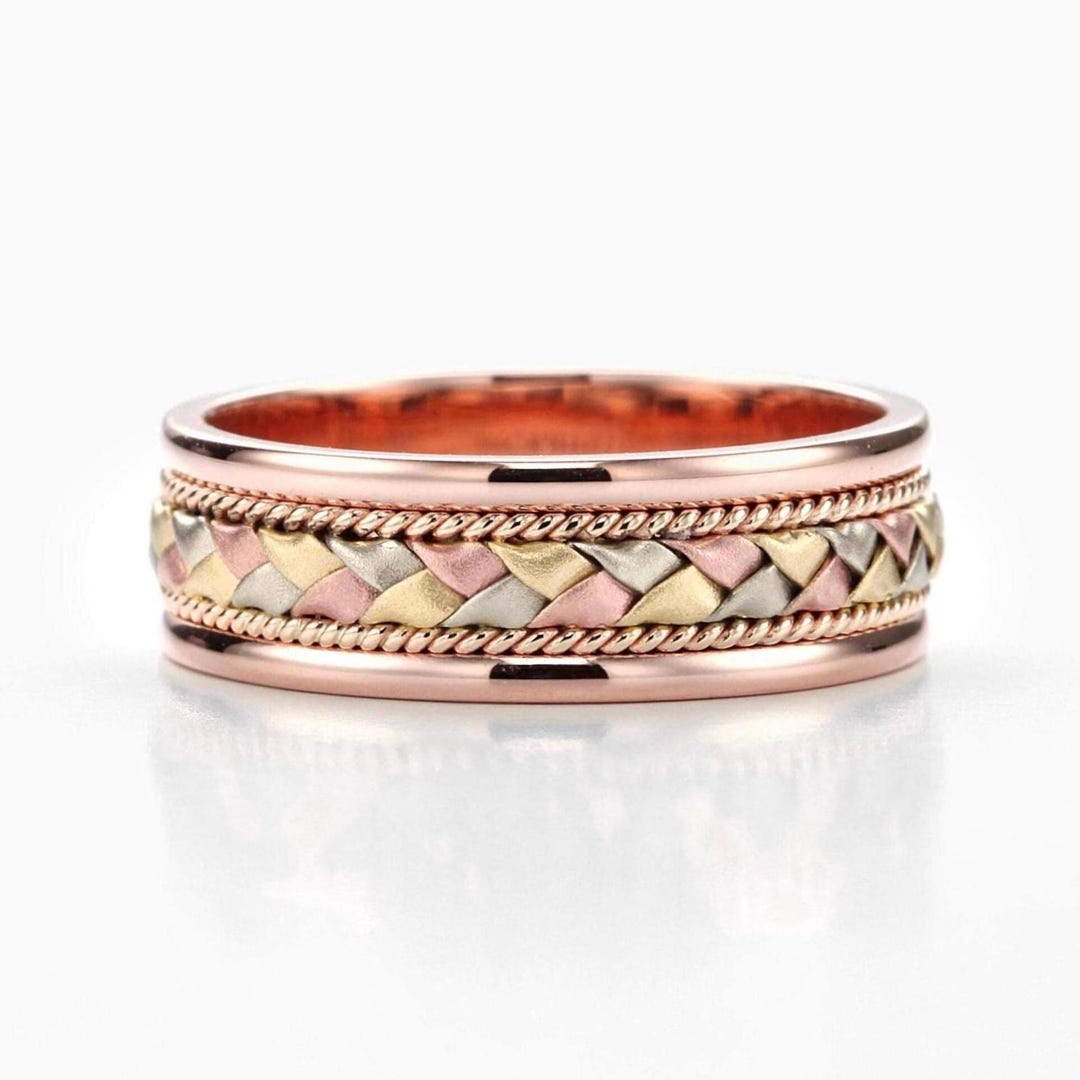 Three Tone Braided Wedding Band Gold 10k, Rose Gold Wedding Band ...
