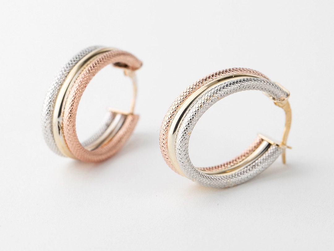 3 Row 3 Tone Oval Hoop Earrings Gold 10k, Three Tone Hoops, Large ...