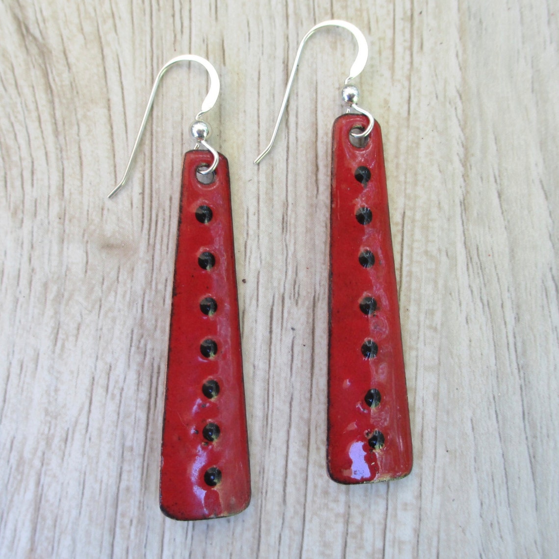 Handmade Red Enamel Earrings With Black Dots on a Sterling Silver Ear Wire - Etsy