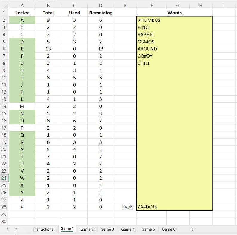 Words With Friends Tile Counter Excel Template - Etsy