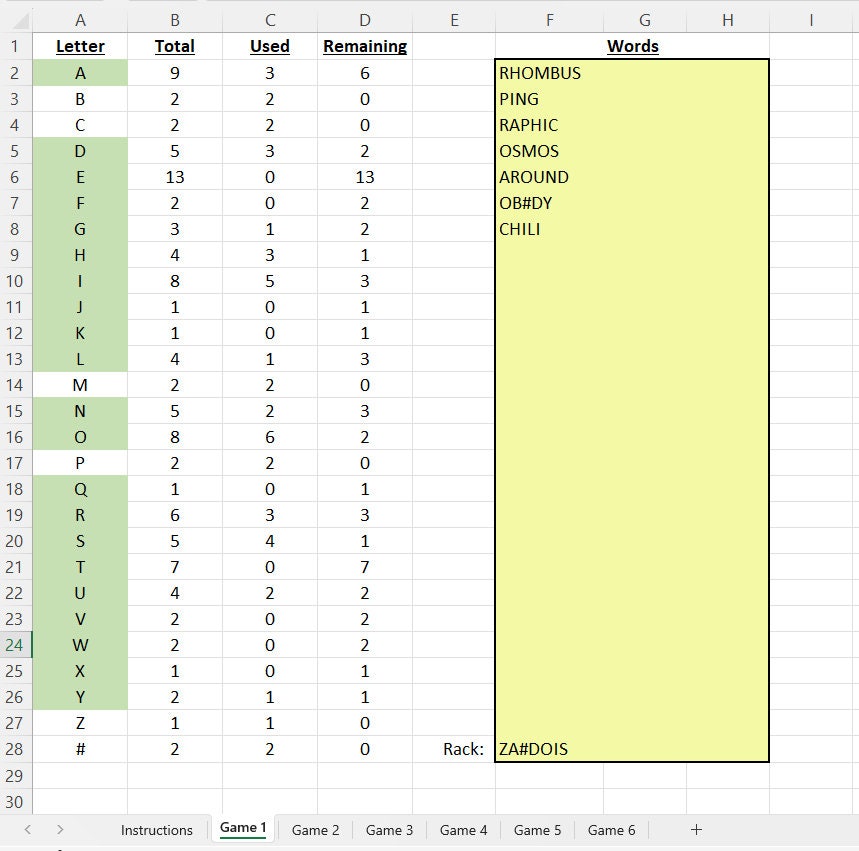 Words With Friends Tile Counter Excel Template - Etsy