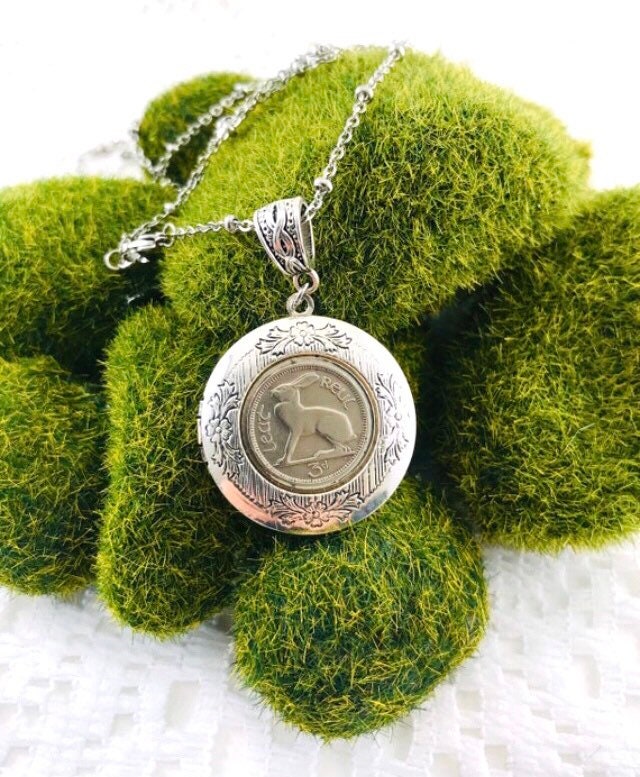 Silver IRISH Hare 3 Pence Coin Locket Necklace,irish Silver HARP Locket ...