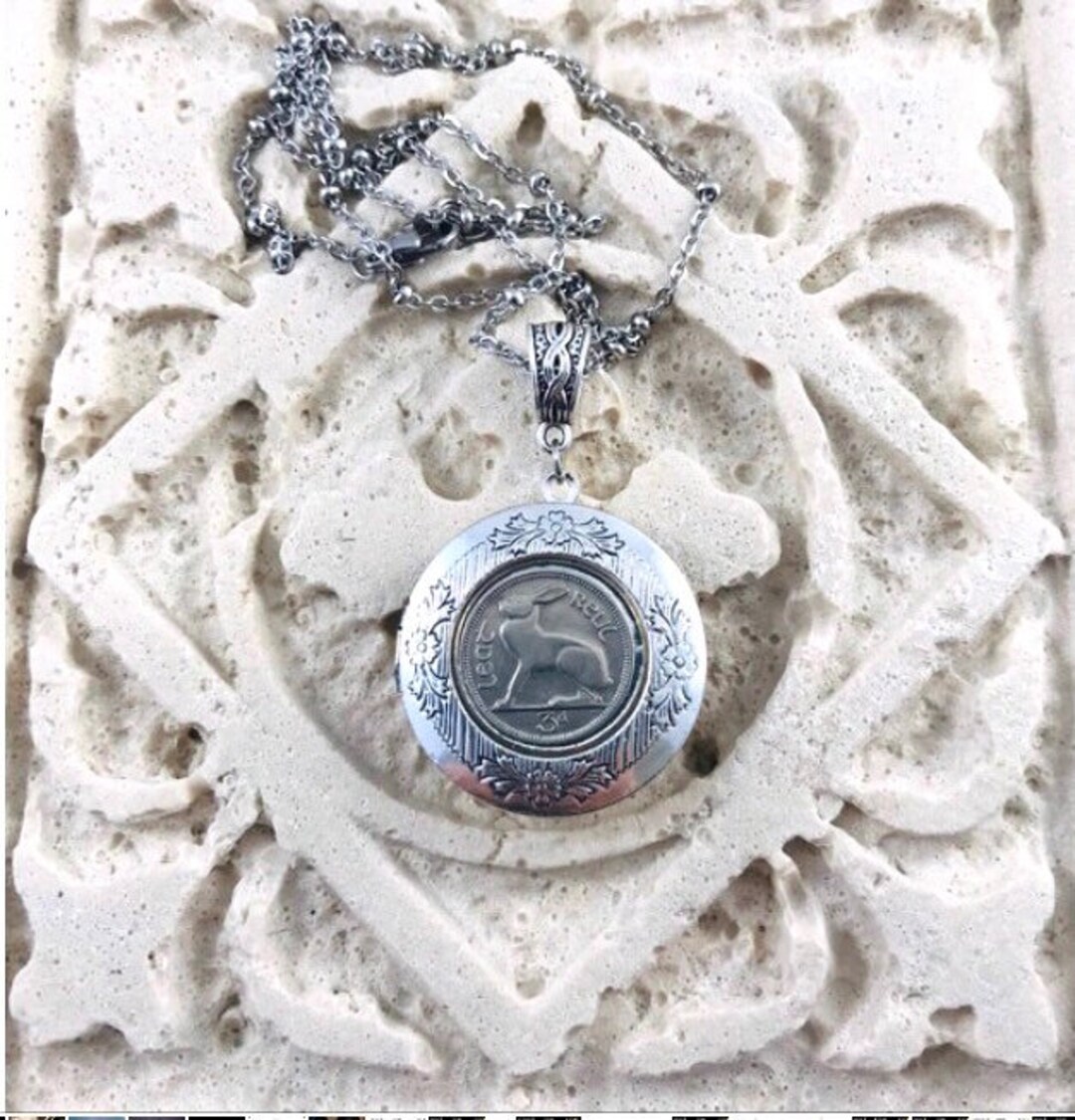 Silver IRISH Hare 3 Pence Coin Locket Necklace,irish Silver HARP Locket ...