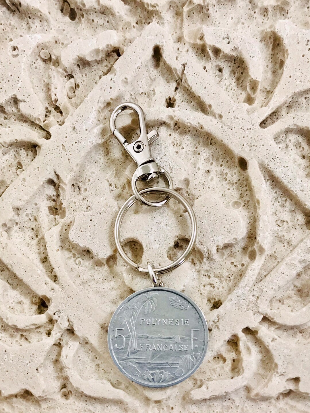French Polynesian Silver Key Chain, French Coin Key Chain, French 5 ...