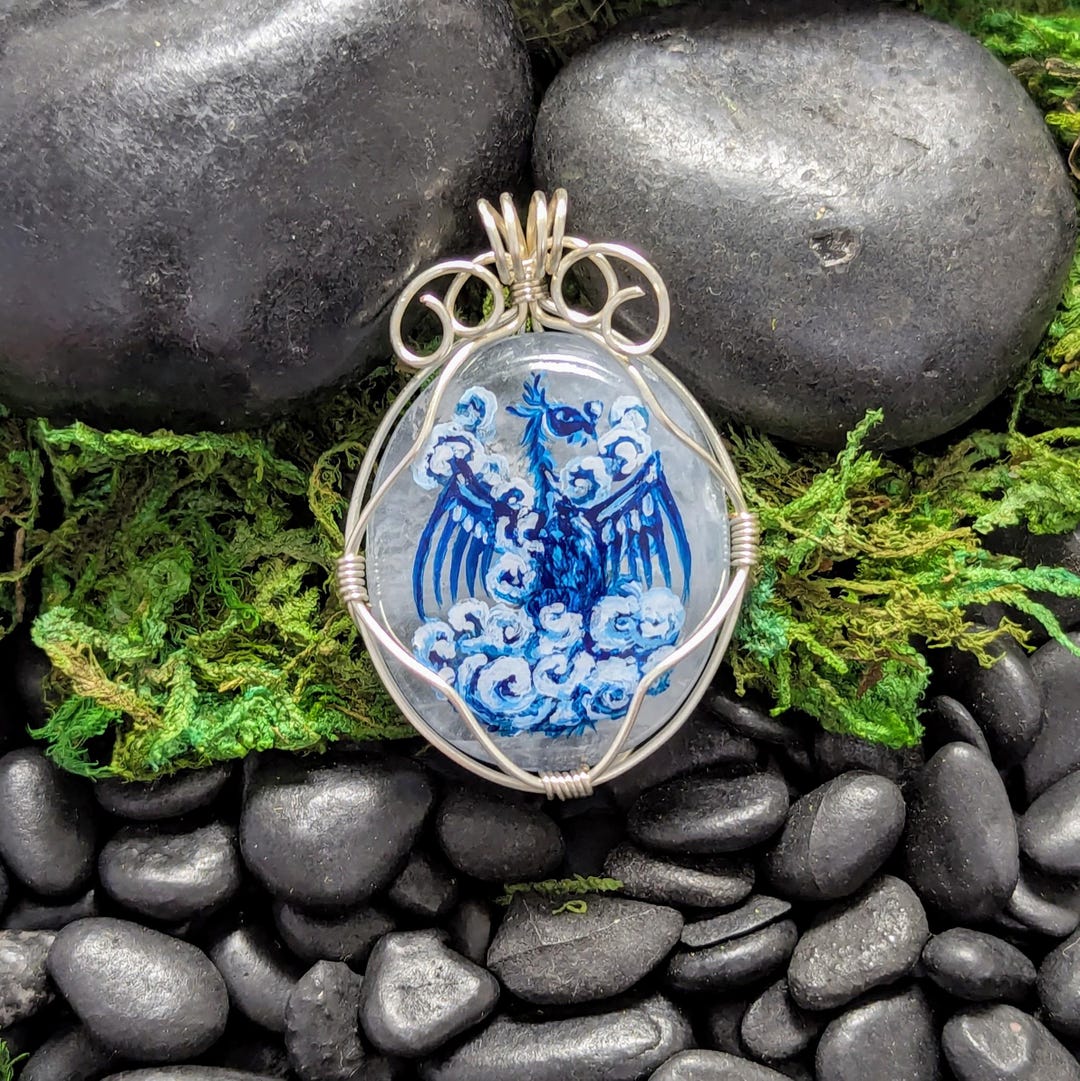 Hand Painted Blue Phoenix Quartz Pendant - Etsy