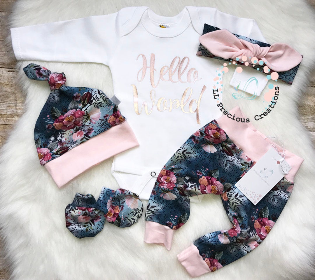 Newborn Baby Girl Outfit Hello World Girl Coming Home Outfit Organic ...