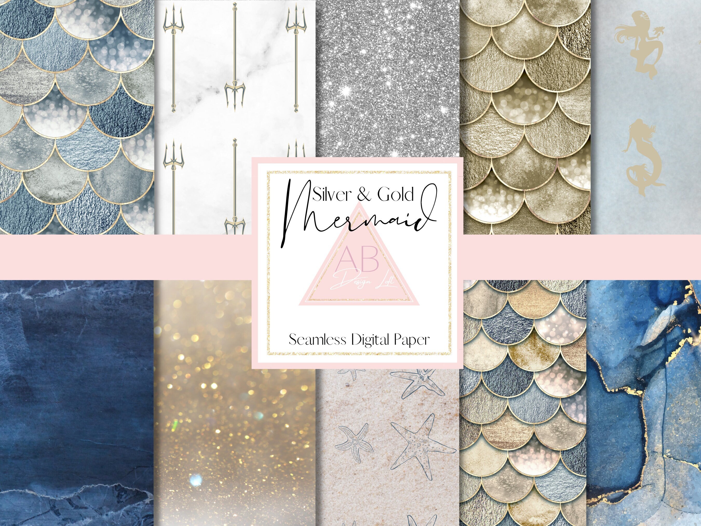 Silver & Gold Mermaid Digital Paper Mermaid Scales Seamless Textures ...