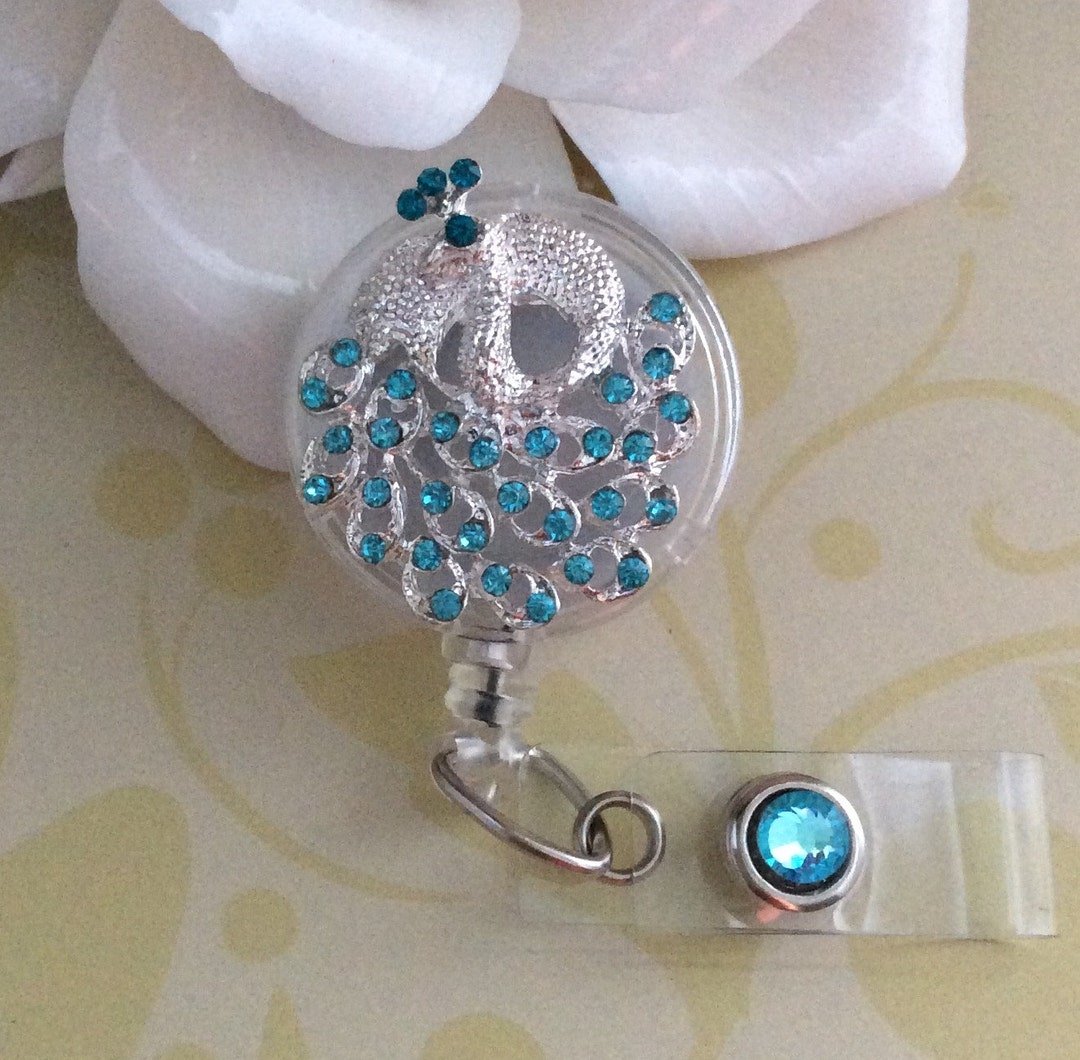 Light Blue Teal Rhinestones Crystal Peacock Retractable ID Badge Reel ...