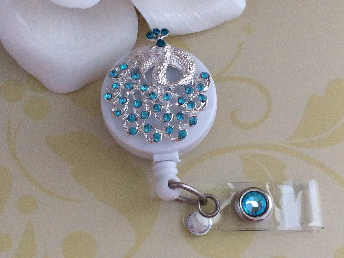 Light Blue Teal Rhinestones Crystal Peacock Retractable ID | Etsy