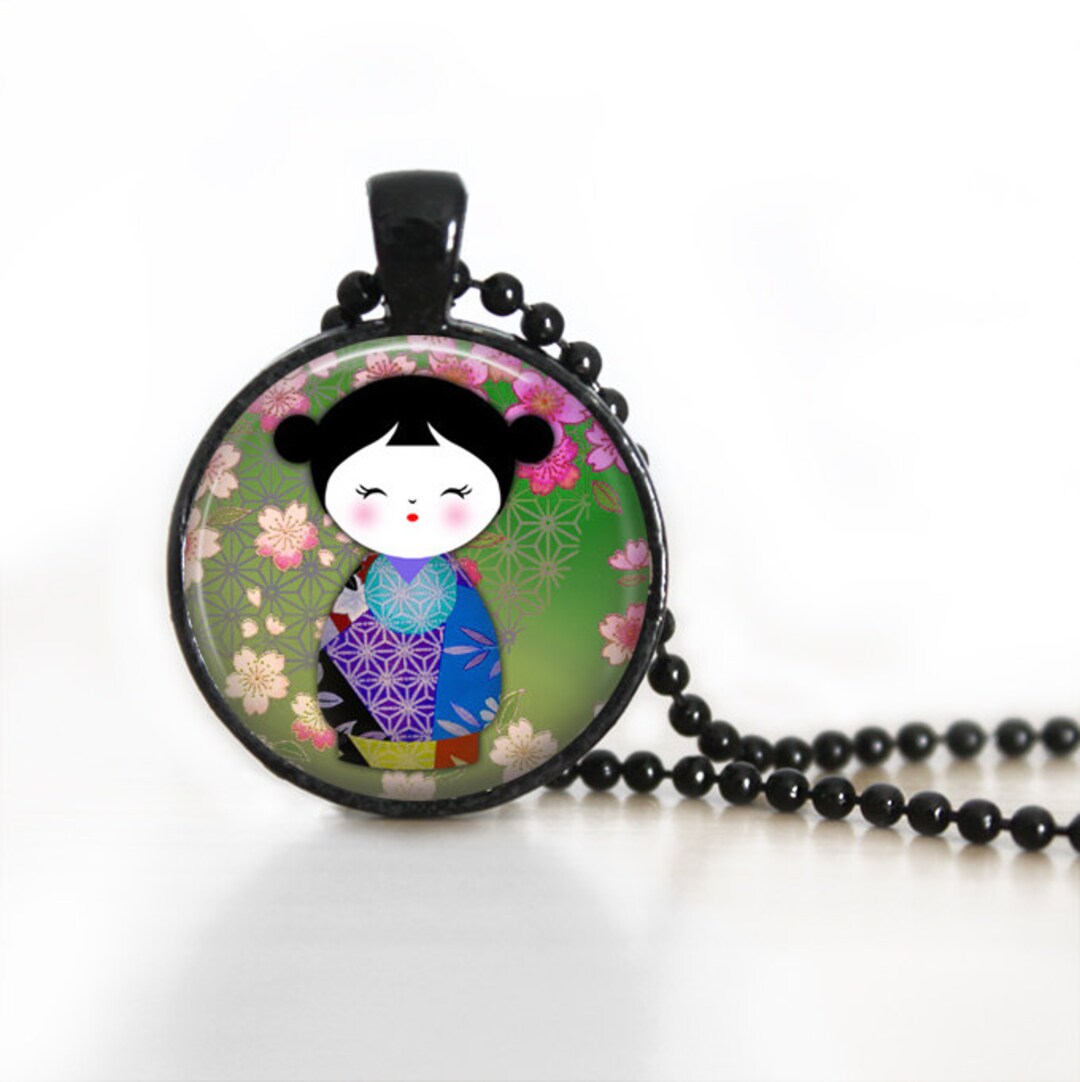 Washi Yuzen Kokeshi Doll Glass Pendant, Photo Glass Necklace, Glass ...