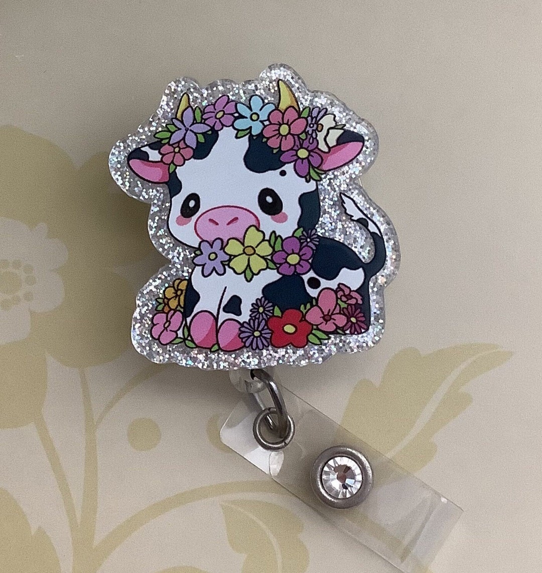 Cute Glitter Cow With Flower Retractable ID Badge Reel, Nurse Badge ...