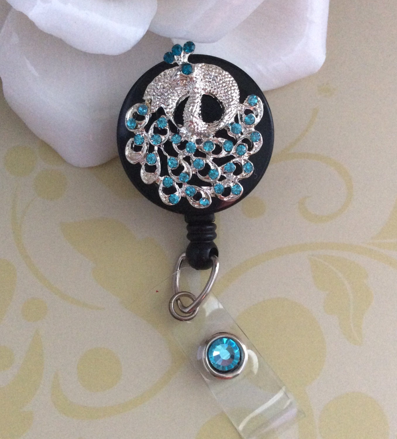 Light Blue Teal Rhinestones Crystal Peacock Retractable ID | Etsy