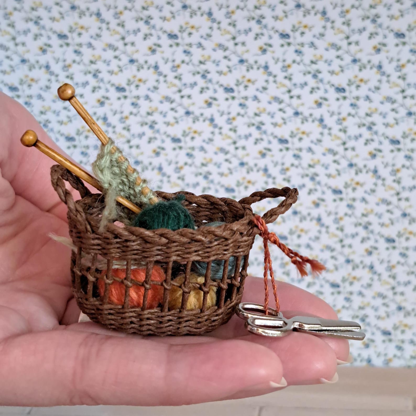 Miniature Wicker Basket With Knitting Needles & Yarn Balls, Mini ...