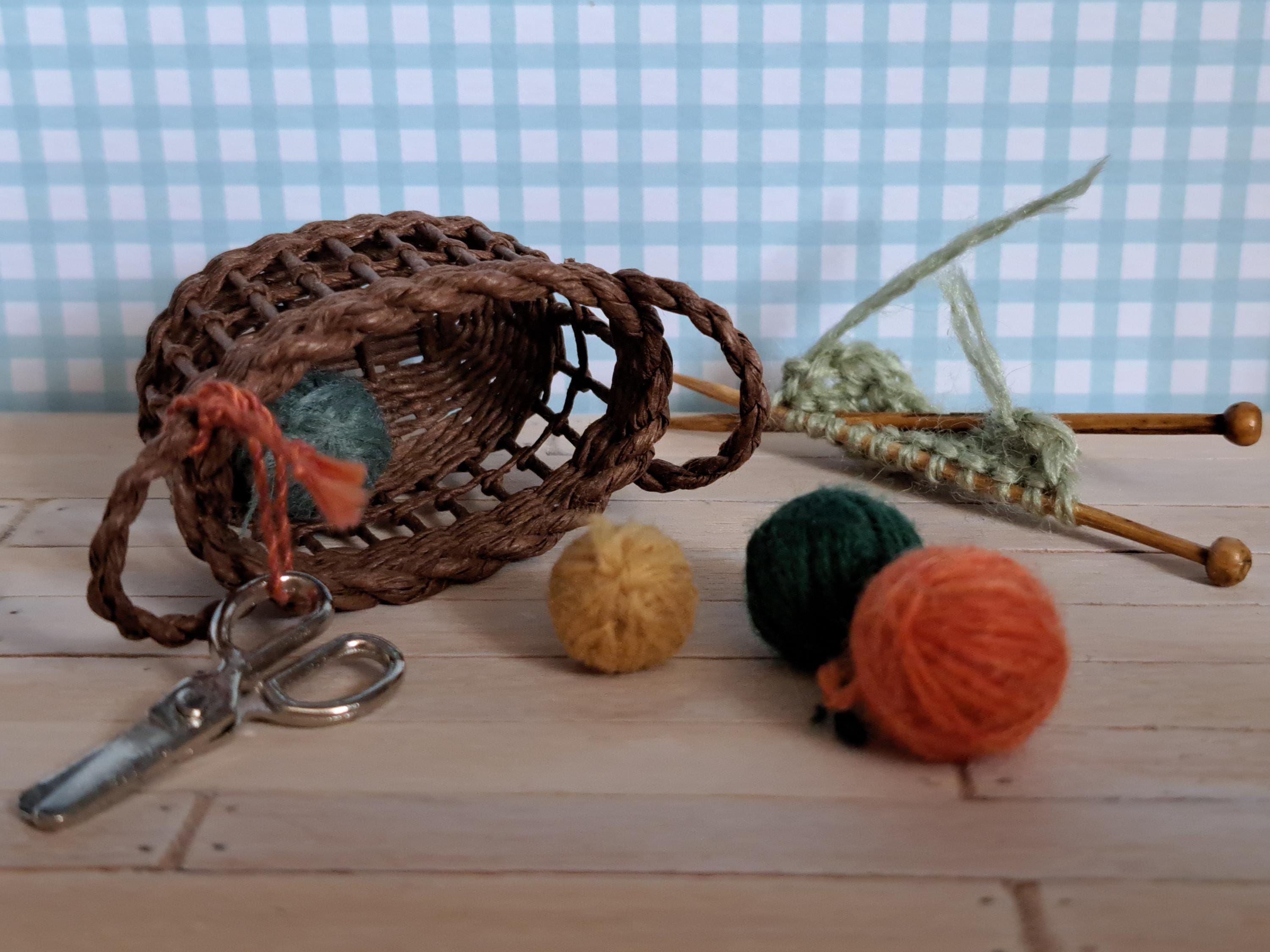 Miniature Wicker Basket With Knitting Needles & Yarn Balls, Mini ...
