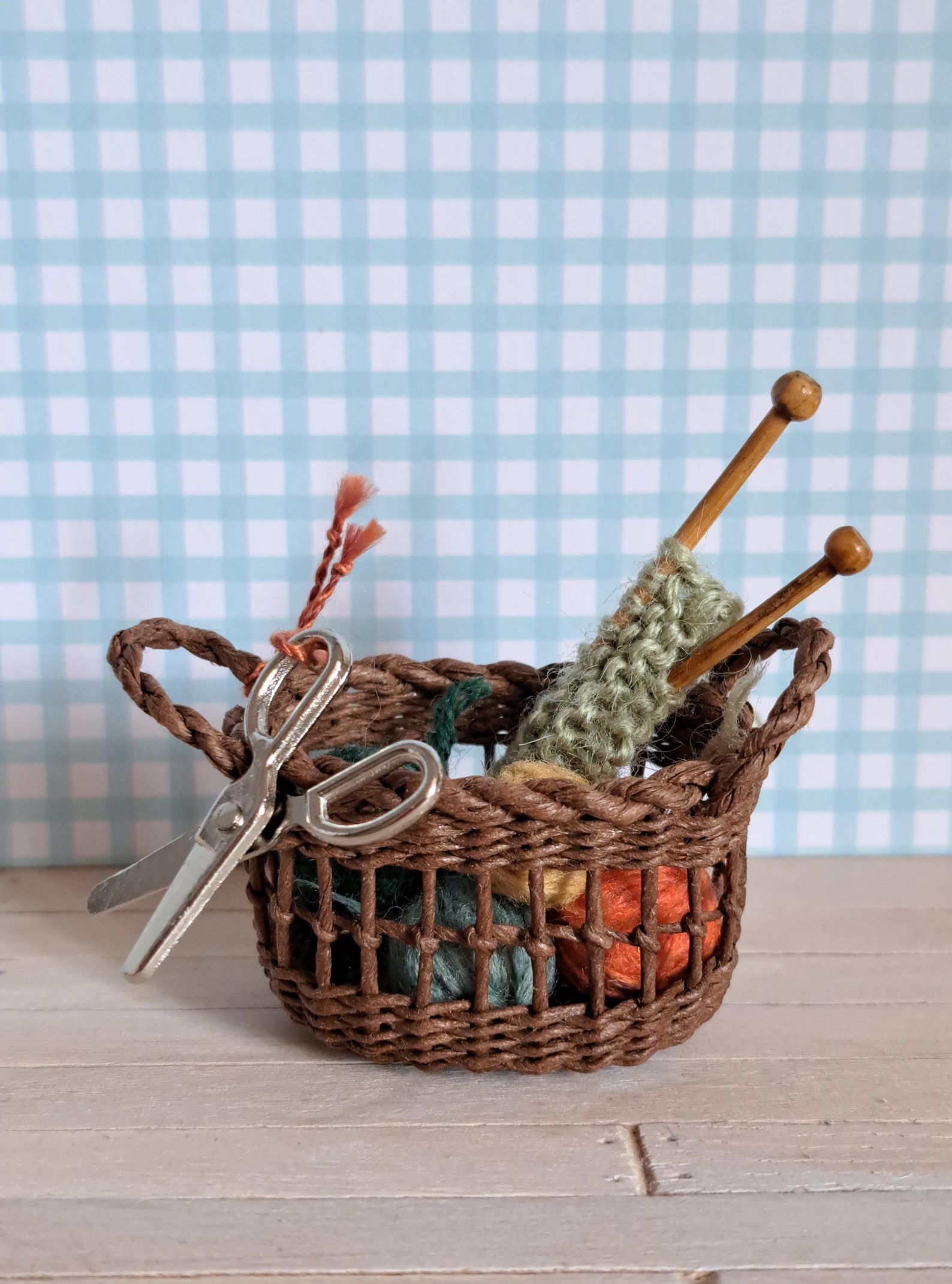 Miniature Wicker Basket With Knitting Needles & Yarn Balls, Mini ...