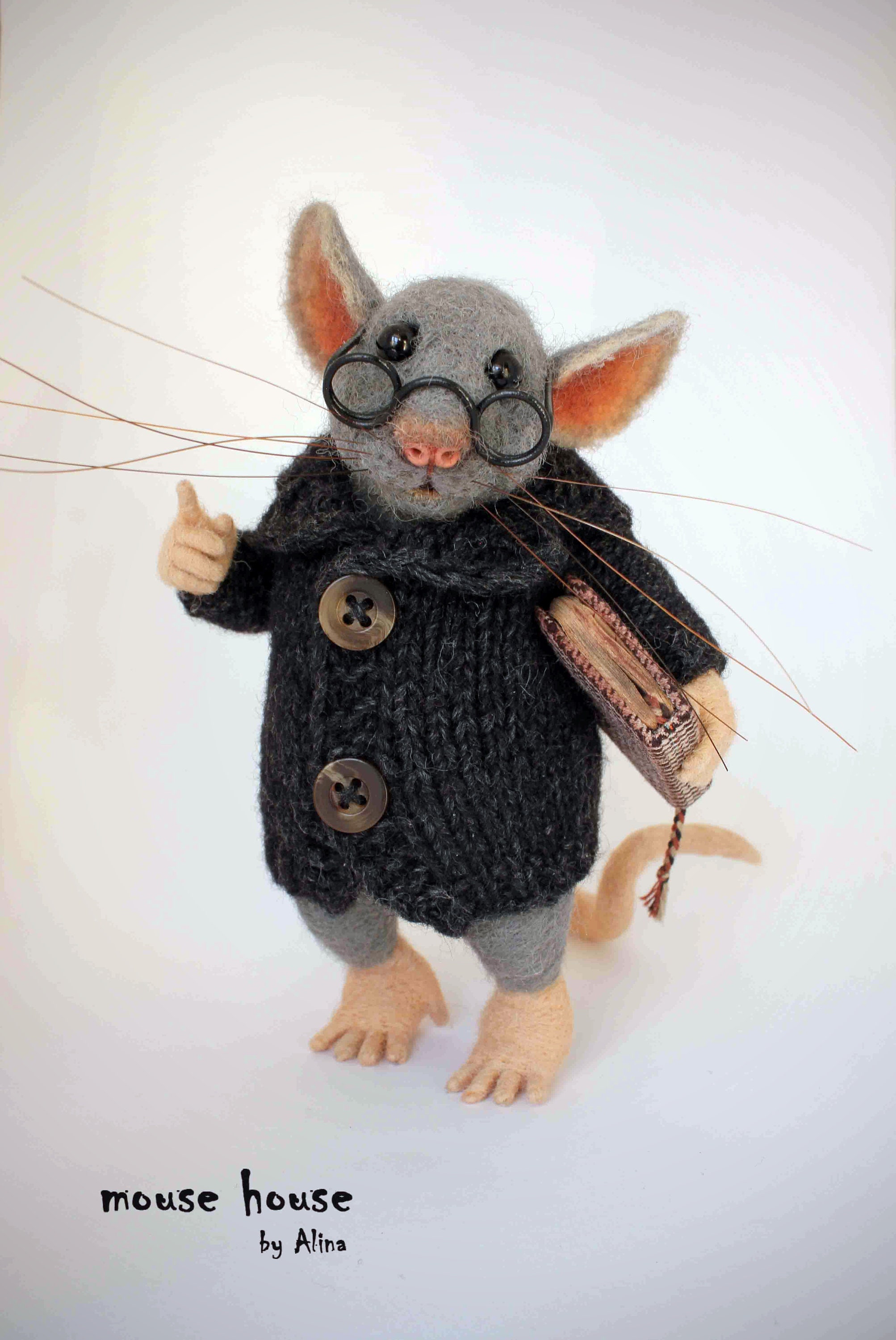 Needle Felted Rat With Book and Glasses Teaching Mouse Wool Collectible ...