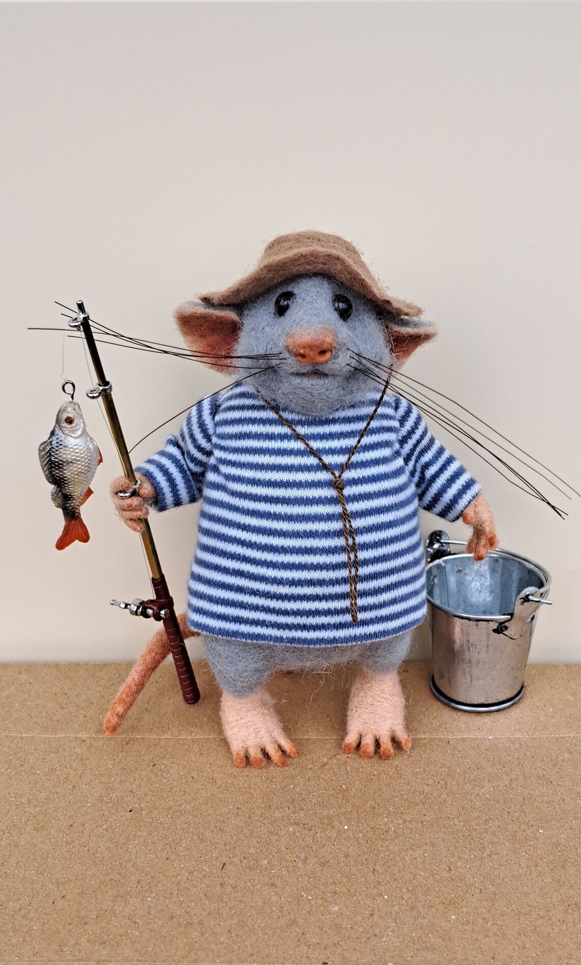 Needle Felted Grey Mouse Fisherman With a Fishing Rod and a Bucket Gift ...