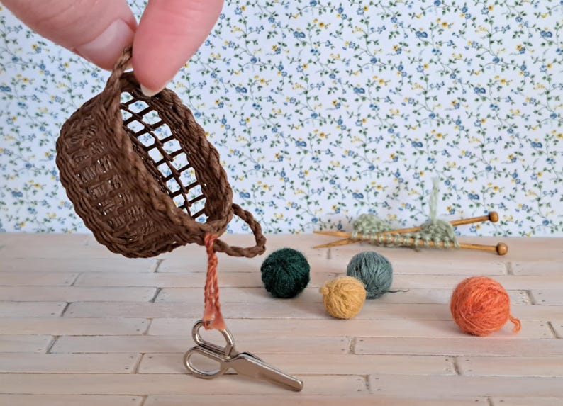 Miniature Wicker Basket With Knitting Needles & Yarn Balls, Mini ...